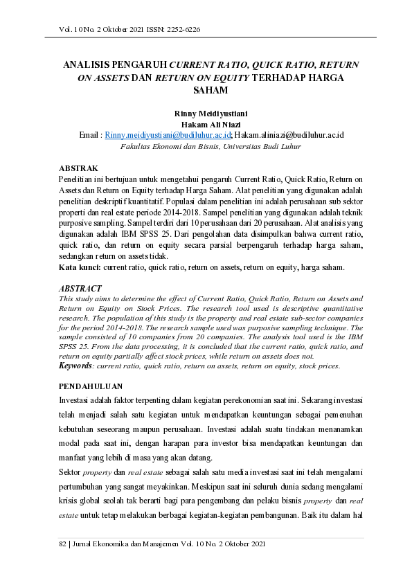 (PDF) Analisis Pengaruh Current Ratio, Quick Ratio, Return on Assets ... (PDF) Analisis Pengaruh Current Ratio, Quick Ratio, Return on Assets ...