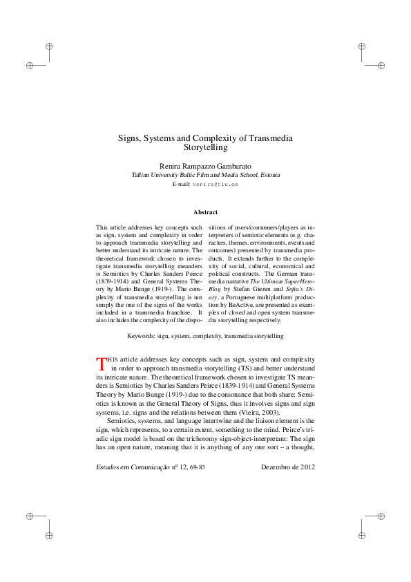 (PDF) Signs, Systems and Complexity of Transmedia Storytelling
