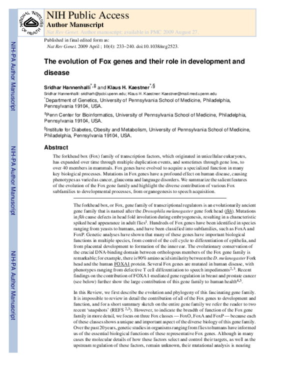 (PDF) The evolution of Fox genes and their role in development and disease