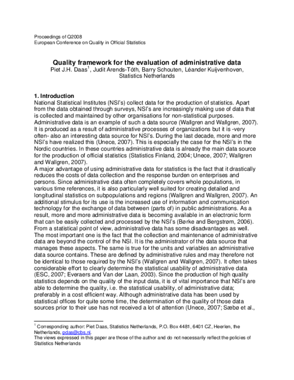 (PDF) Quality framework for the evaluation of administrative data | Piet Daas - Academia.edu