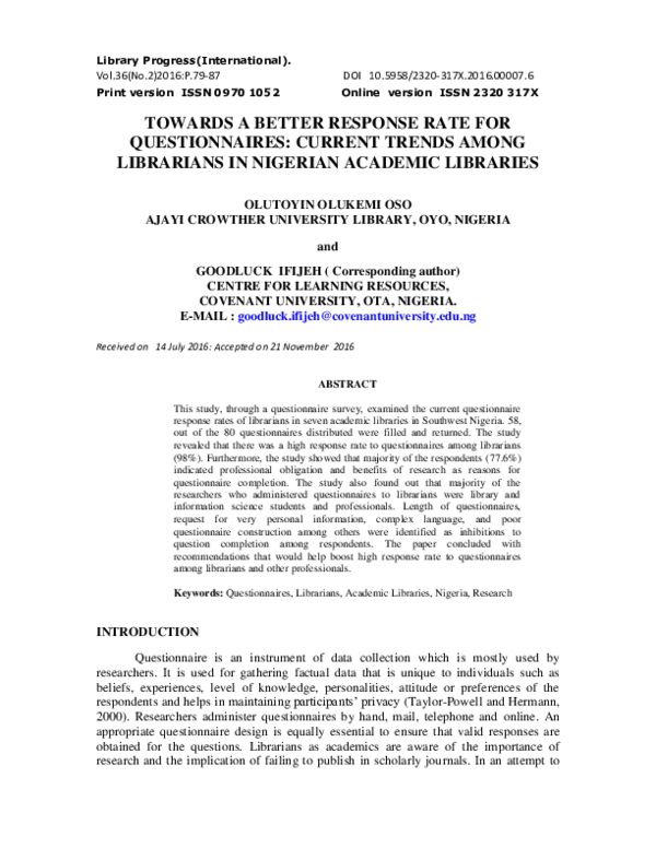 (PDF) TOWARDS A BETTER RESPONSE RATE FOR QUESTIONNAIRES: CURRENT TRENDS ...