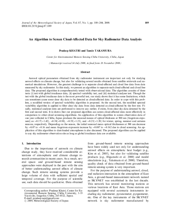 (PDF) An Algorithm to Screen Cloud-A?ected Data for Sky Radiometer Data Analysis