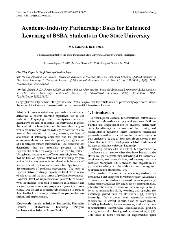 (PDF) Academe-Industry Partnership: Basis for Enhanced Learning of BSBA ...