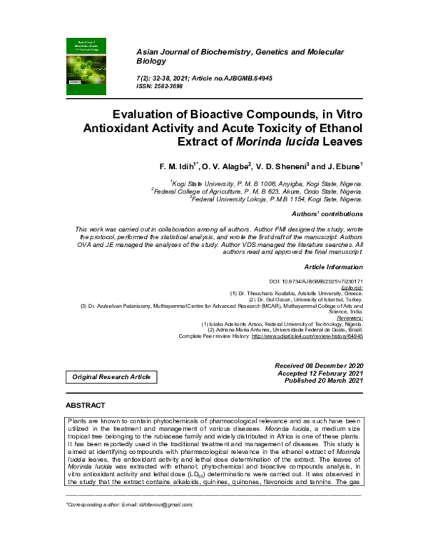 (PDF) Evaluation of Bioactive Compounds, in Vitro Antioxidant Activity and Acute Toxicity of ...