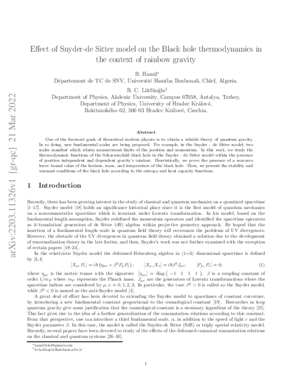 (PDF) Effect of Snyder–de Sitter Model on the black hole thermodynamics ...