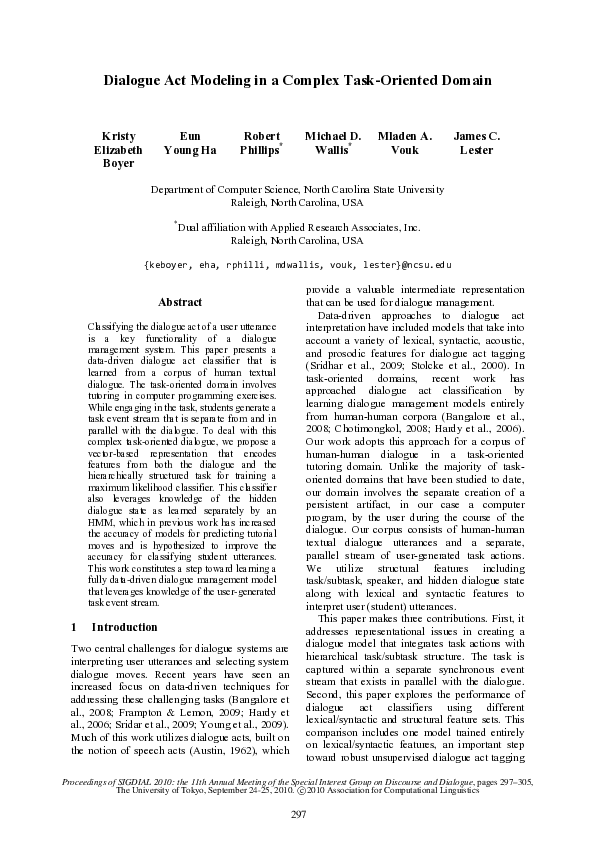 (PDF) Dialogue act modeling in a complex task-oriented domain