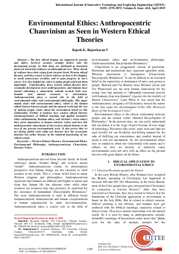 (PDF) Environmental Ethics: Anthropocentric Chauvinism as Seen in ...