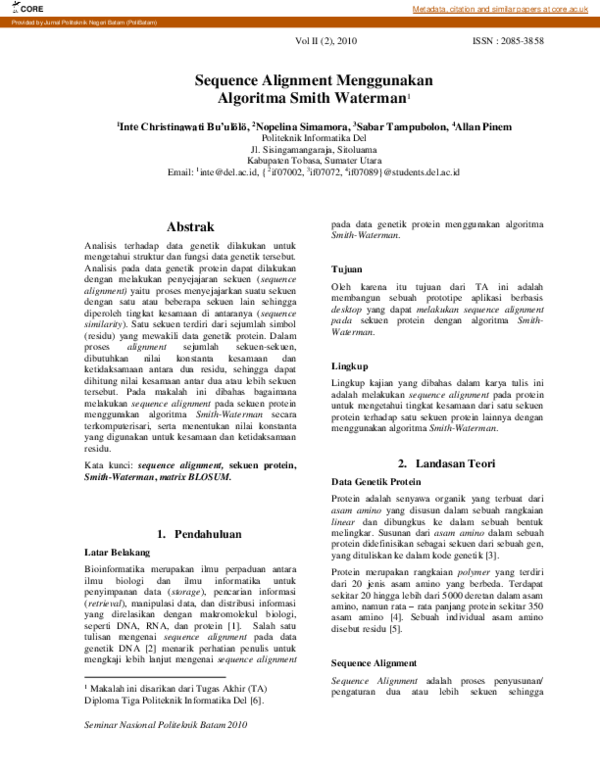 (PDF) Sequence Alignment Menggunakan Algoritma Smith Waterman