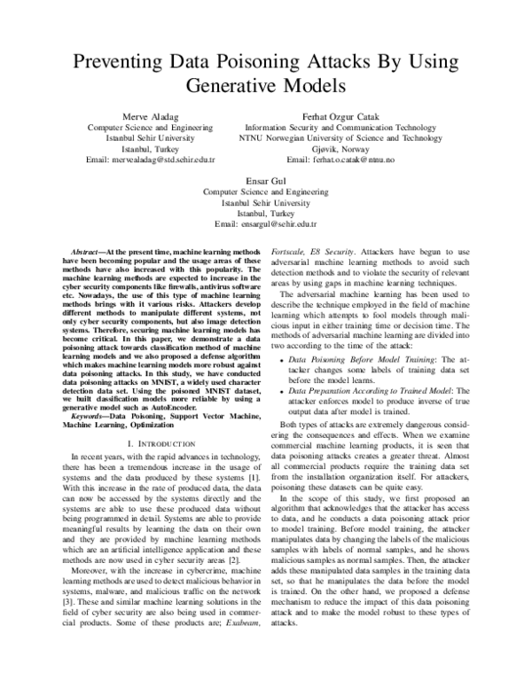 (PDF) Preventing Data Poisoning Attacks By Using Generative Models