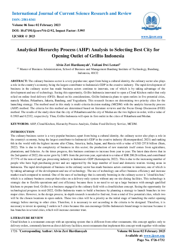 Pdf Analytical Hierarchy Process Ahp Analysis To Selecting Best City For Opening Outlet Of