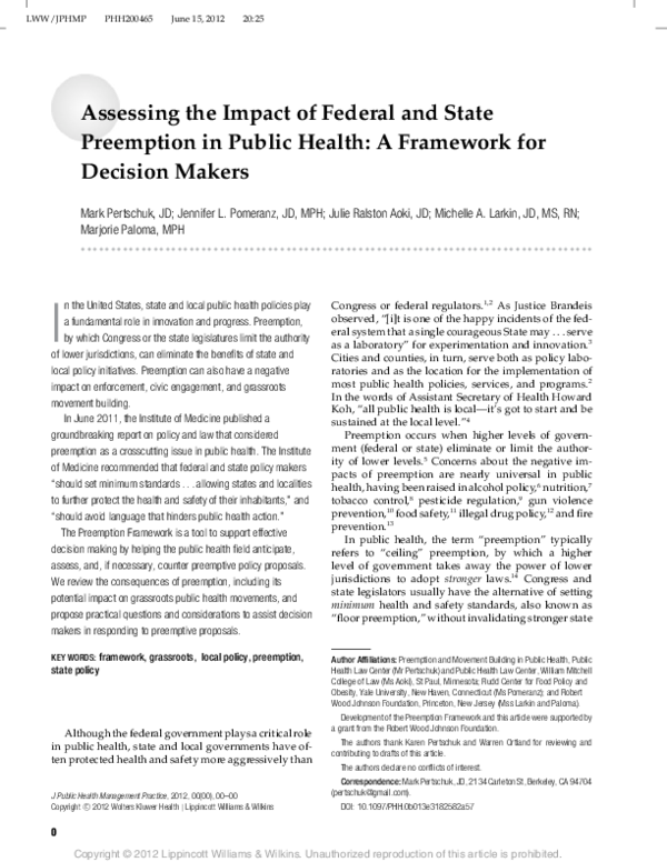 (PDF) Assessing the Impact of Federal and State Preemption in Public Health