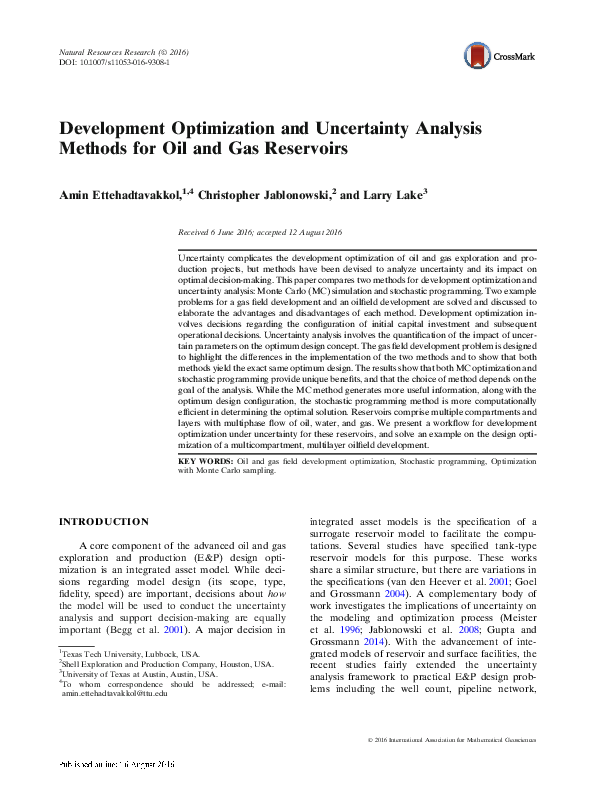 (PDF) Development Optimization and Uncertainty Analysis Methods for Oil and Gas Reservoirs