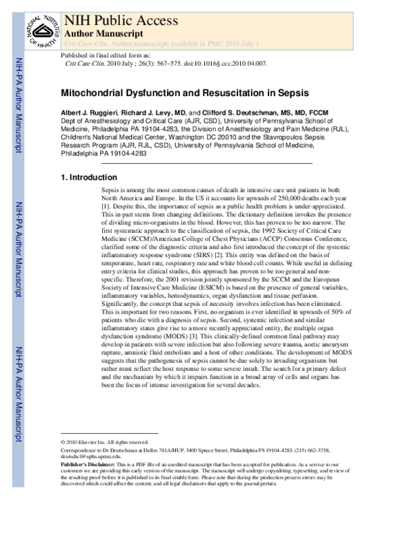 (PDF) Mitochondrial Dysfunction and Resuscitation in Sepsis