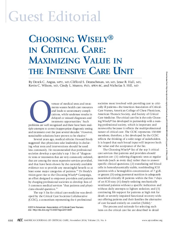(PDF) Choosing wisely(®) in critical care: maximizing value in the intensive care unit