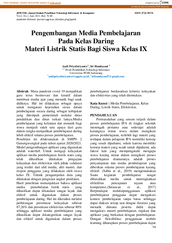 (PDF) Pengembangan Media Pembelajaran Pada Kelas Daring Materi Listrik Statis Bagi Siswa Kelas IX