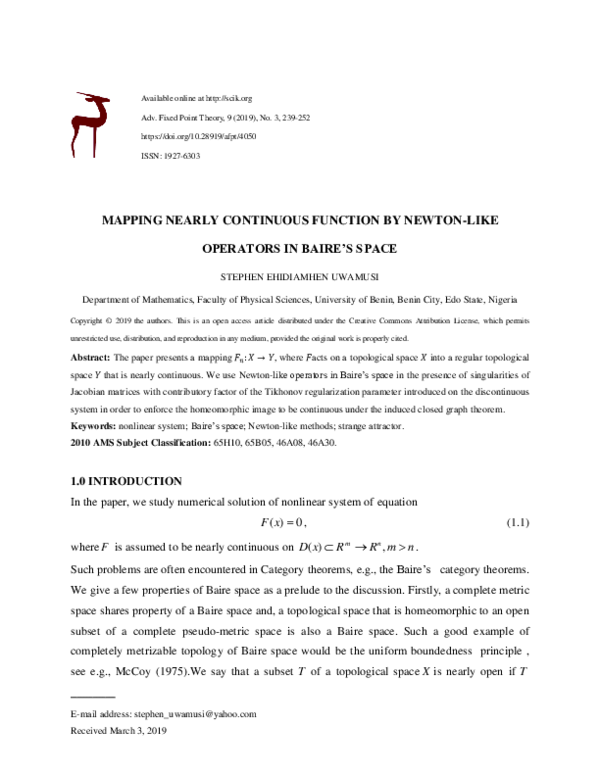 (PDF) Mapping nearly continuous function by Newton-like operators in Baire's space