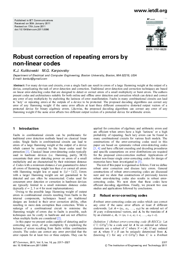 Pdf Robust Correction Of Repeating Errors By Non Linear Codes