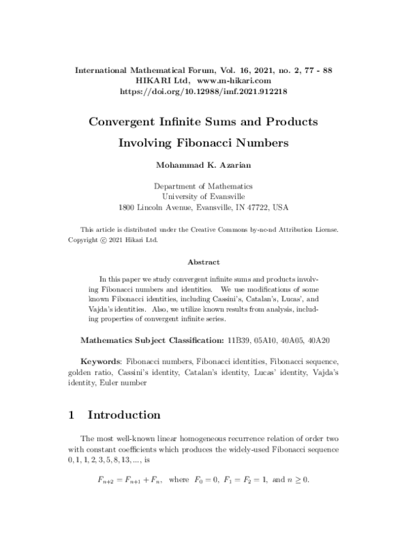 (PDF) Convergent infinite sums and products involving Fibonacci numbers