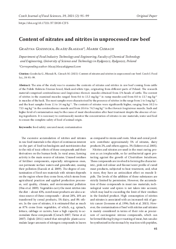 (PDF) Content of nitrates and nitrites in unprocessed raw beef