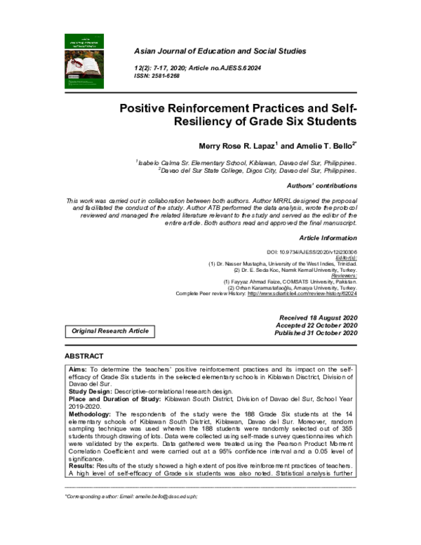 (PDF) Positive Reinforcement Practices and Self-Resiliency of Grade Six ...