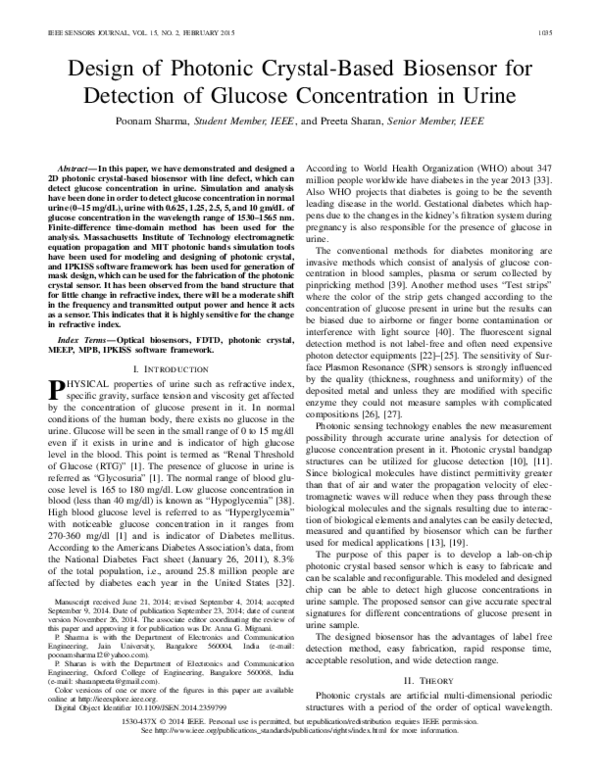 (PDF) Design of Photonic Crystal-Based Biosensor for Detection of Glucose Concentration in Urine
