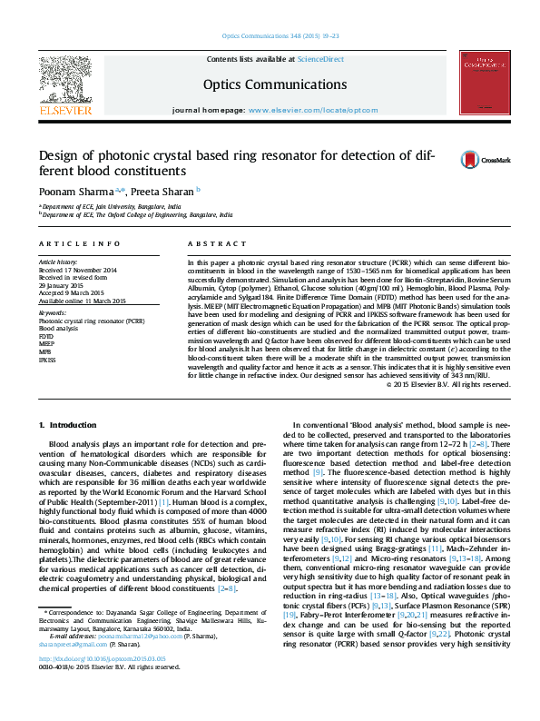 (PDF) Design of photonic crystal based ring resonator for detection of different blood constituents