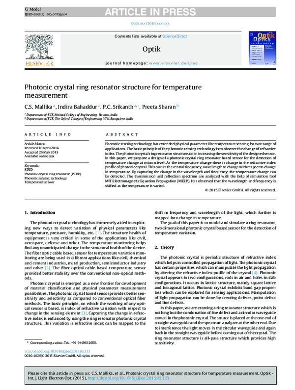 (PDF) Photonic crystal ring resonator structure for temperature measurement
