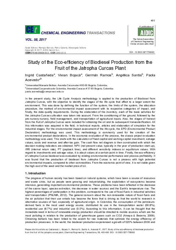 (PDF) Study of the Eco-efficiency of Biodiesel Production from the ...