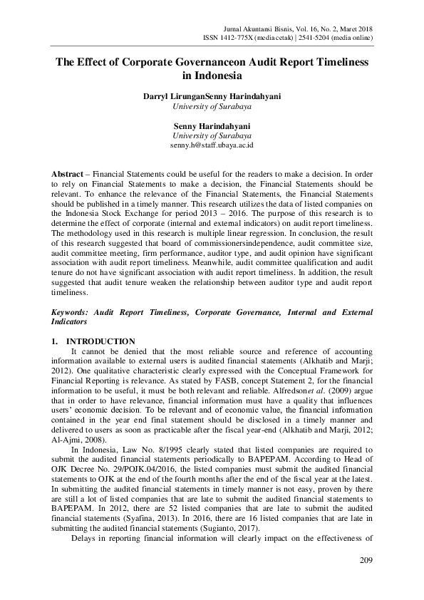 (PDF) The Effect of Corporate Governanceon Audit Report Timeliness in ...