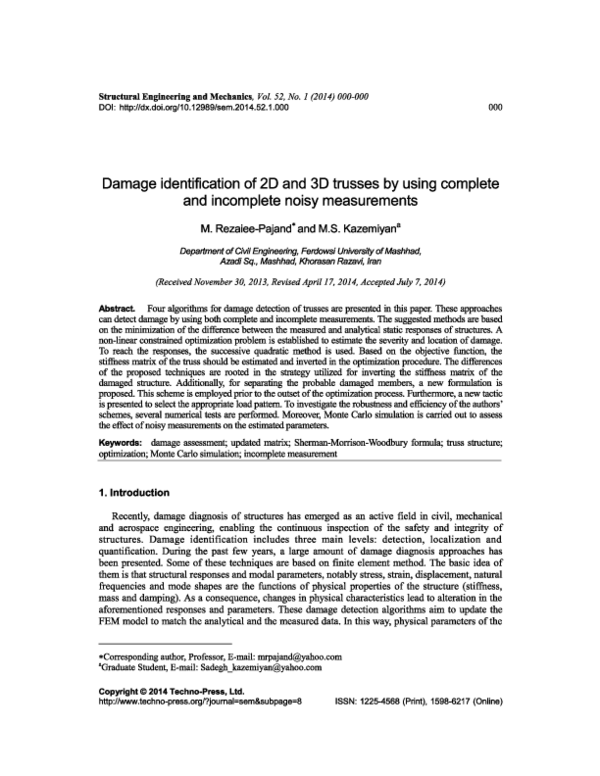 (PDF) Damage identification of 2D and 3D trusses by using complete and incomplete noisy measurements