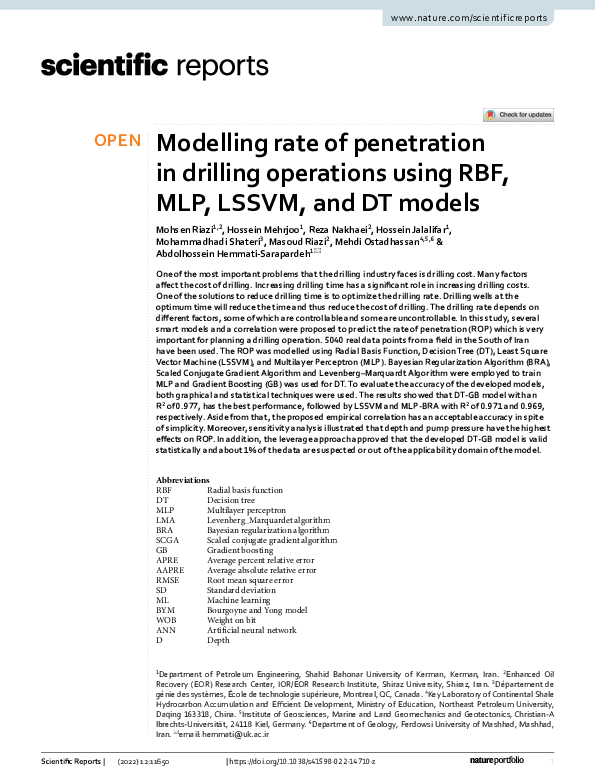 (PDF) Modelling rate of penetration in drilling operations using RBF, MLP, LSSVM, and DT models