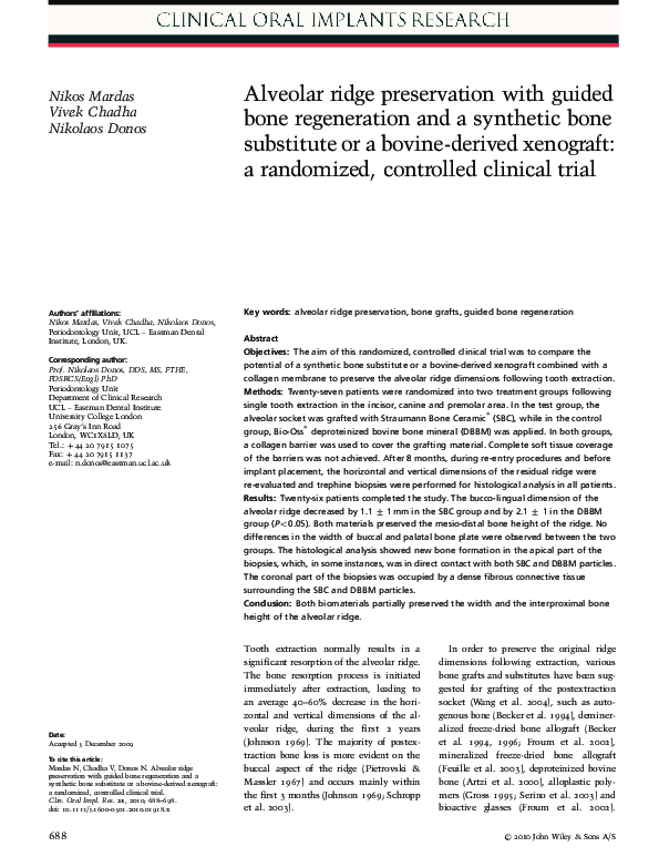 (PDF) Alveolar ridge preservation with guided bone regeneration and a synthetic bone substitute ...