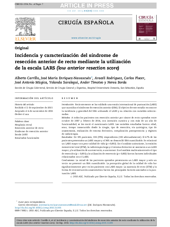 (PDF) Incidencia y caracterización del síndrome de resección anterior ...
