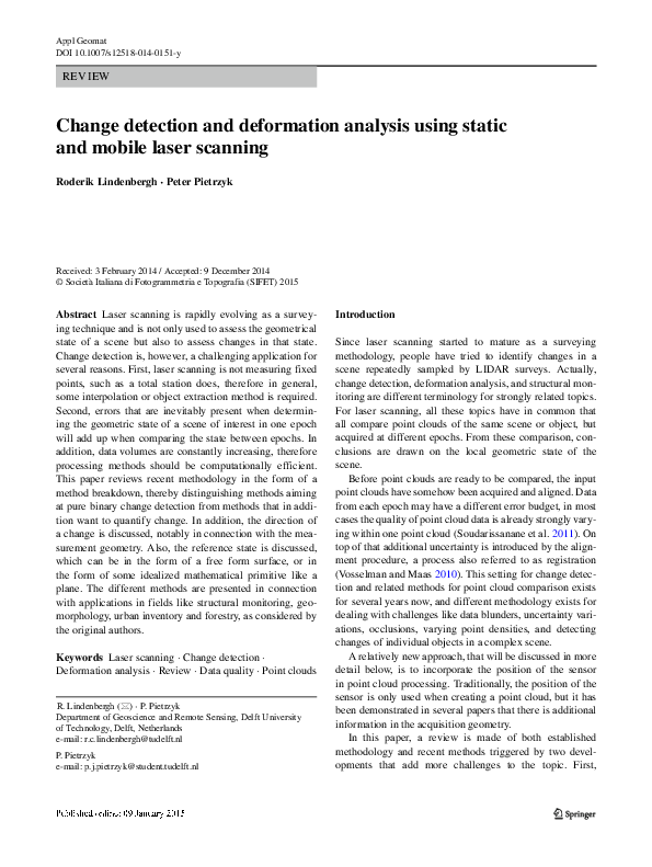 (PDF) Change detection and deformation analysis using static and mobile laser scanning