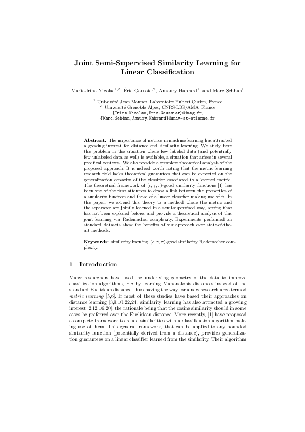 (PDF) Joint Semi-supervised Similarity Learning for Linear Classification