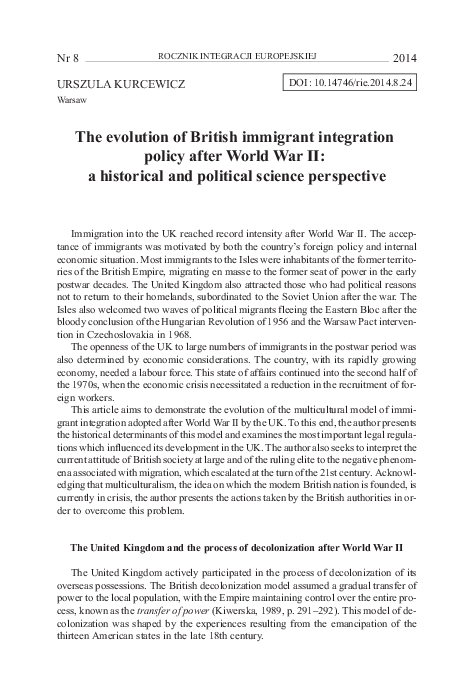 (PDF) The evolution of British immigrant integration policy after World ...