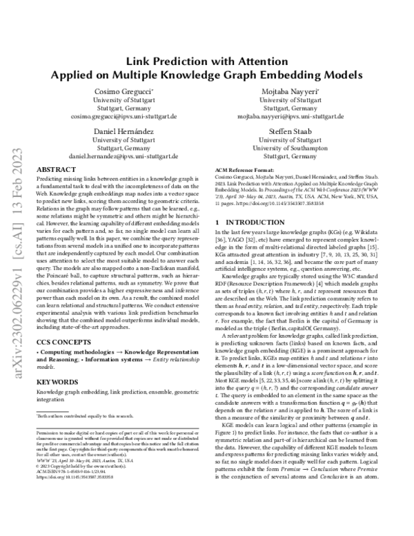 Pdf Link Prediction With Attention Applied On Multiple Knowledge Graph Embedding Models