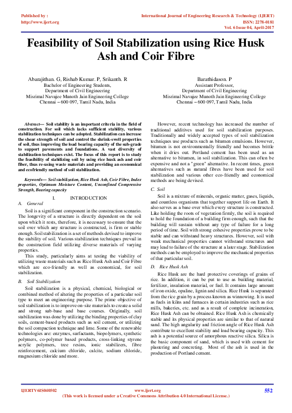 (PDF) Feasibility of Soil Stabilization using Rice Husk Ash and Coir Fibre