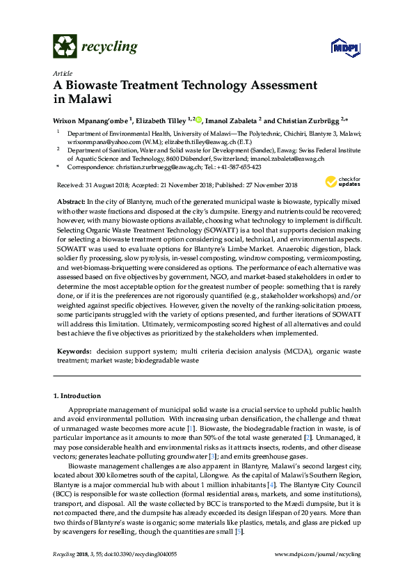 (PDF) A Biowaste Treatment Technology Assessment in Malawi