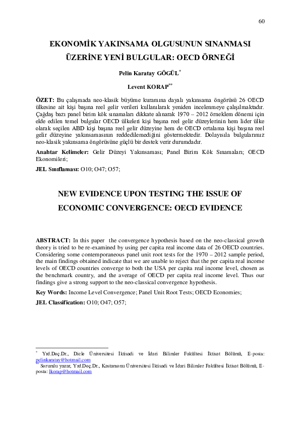 (PDF) Ekonomik Yakınsama Olgusunun Sınanması Üzerine Yeni Bulgular: OECD Örneği