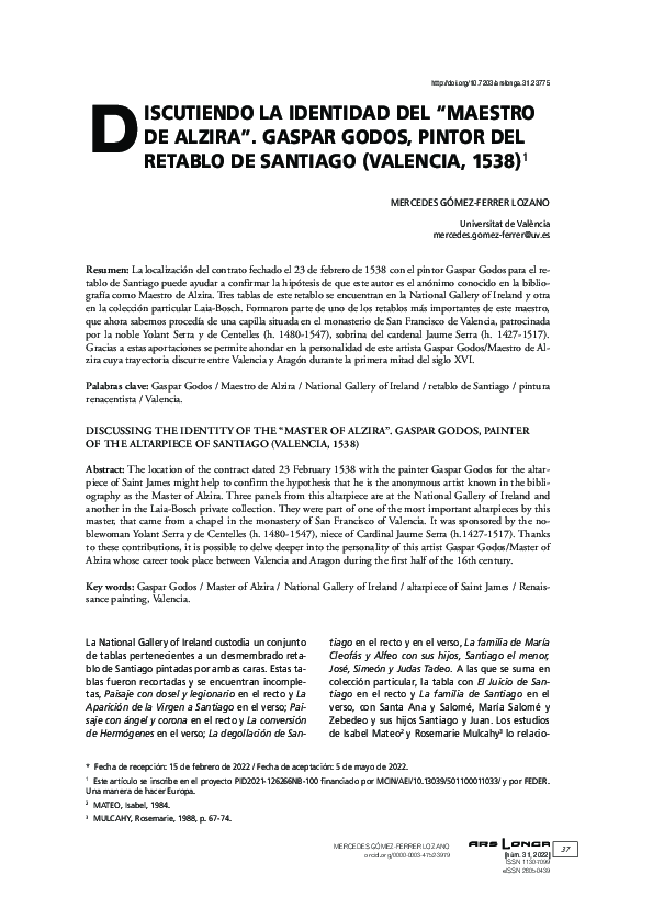 (PDF) Discutiendo la identidad del Maestro de Alzira. Gaspar Godos ...