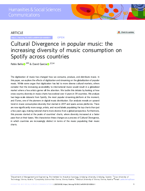(PDF) Cultural Divergence in popular music: the increasing diversity of ...