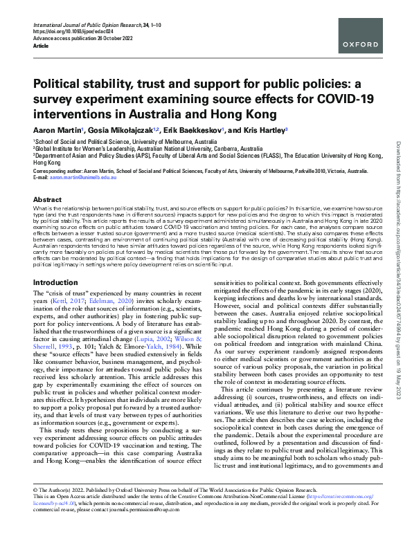 (PDF) Trust, Political Stability, and COVID-19 Policy Support