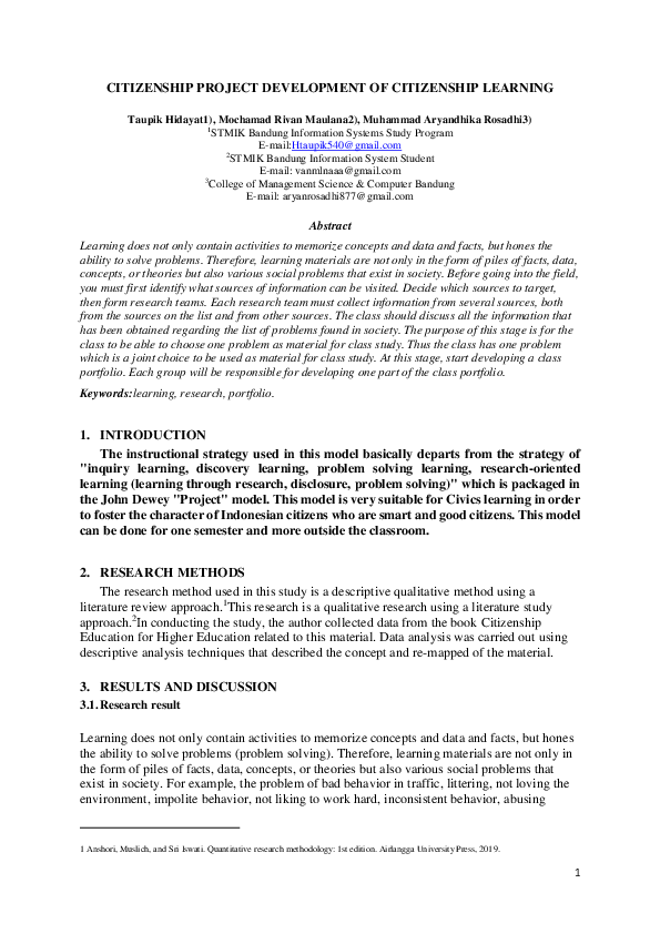 (PDF) CITIZENSHIP PROJECT DEVELOPMENT OF CITIZENSHIP LEARNING