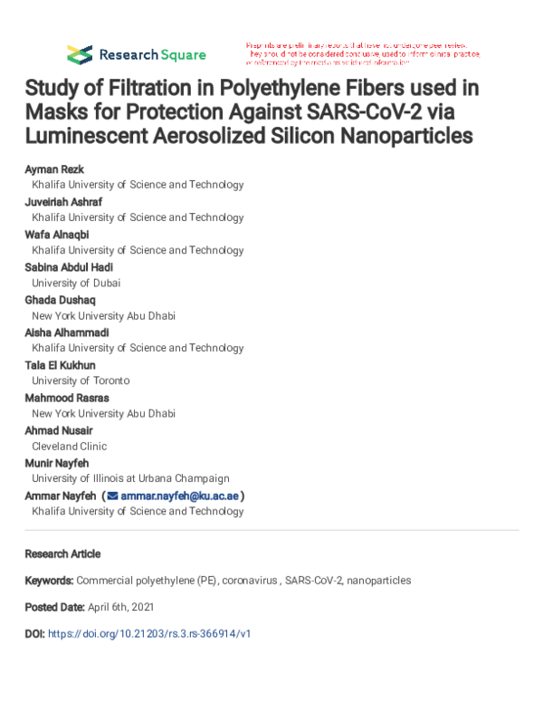 (PDF) Study of Filtration in Polyethylene Fibers used in Masks for ...