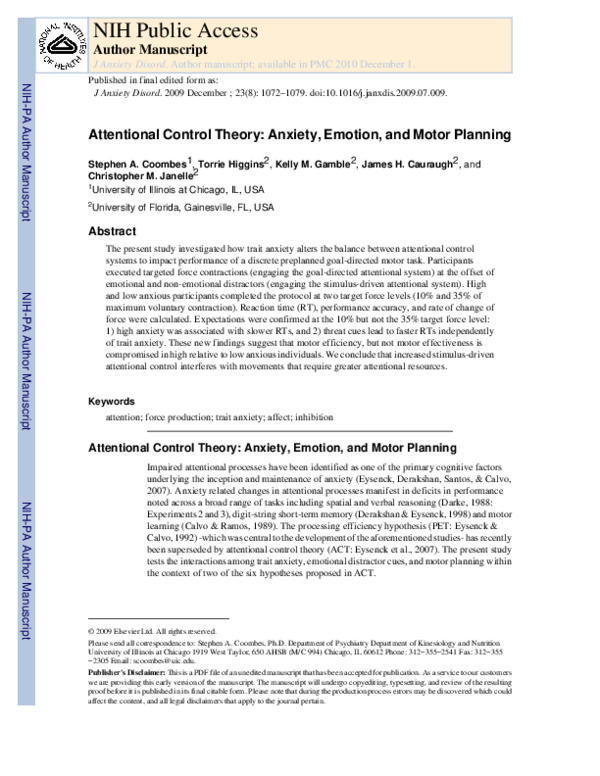 (PDF) Attentional control theory: Anxiety, emotion, and motor planning
