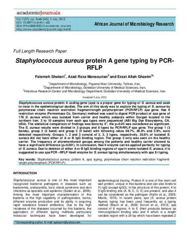 (PDF) Staphylococcus aureus protein A gene typing by PCR-RFLP