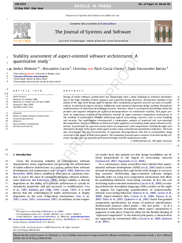 (PDF) Stability assessment of aspect-oriented software architectures: A quantitative study ...