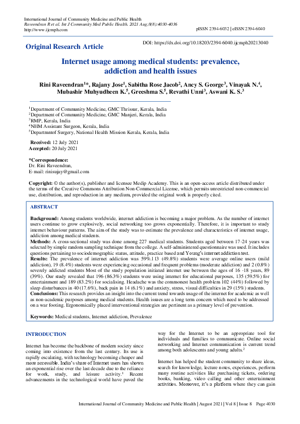 (PDF) Internet usage among medical students: prevalence, addiction and ...