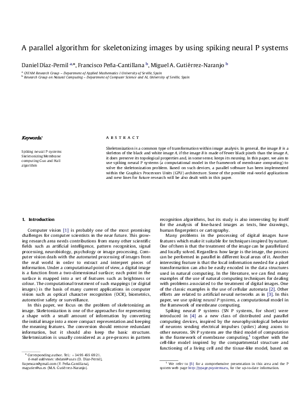 (PDF) A parallel algorithm for skeletonizing images by using spiking neural P systems